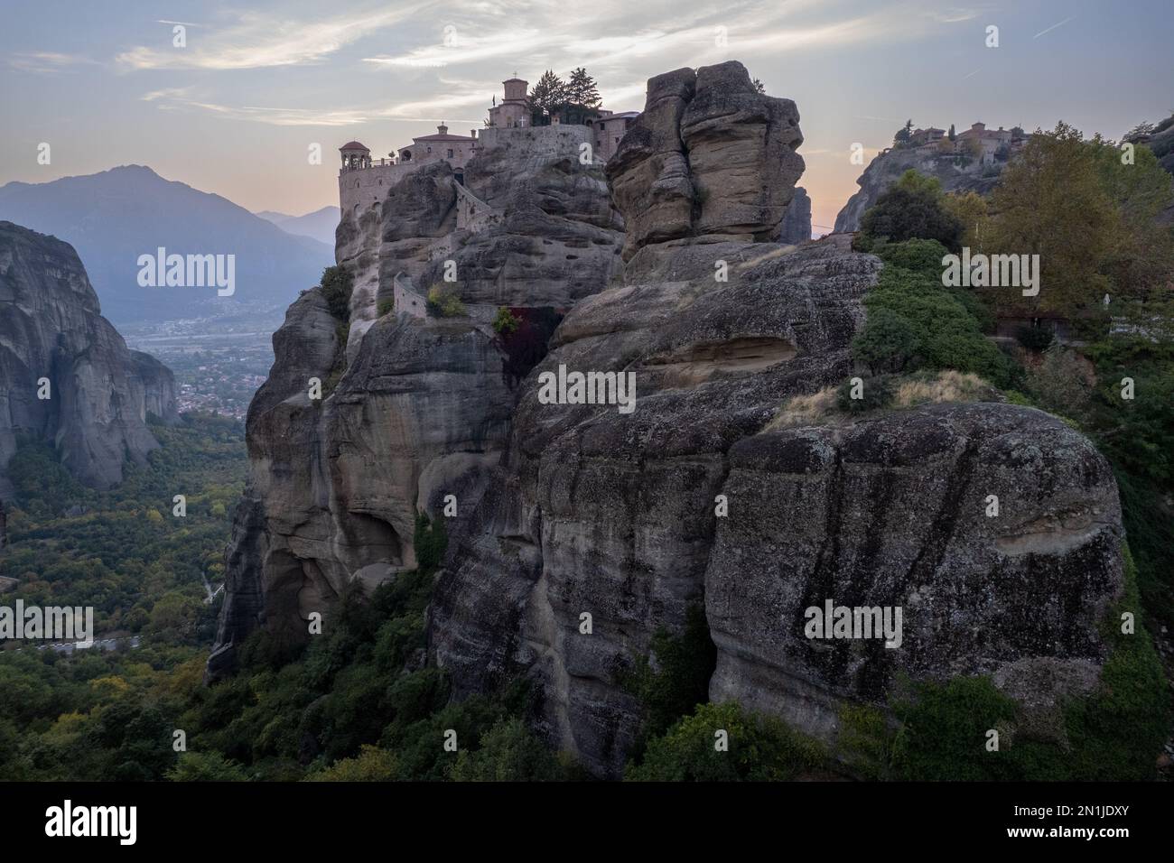 An aerial of the medieval Hilandar monastery in Greece on top of a huge ...