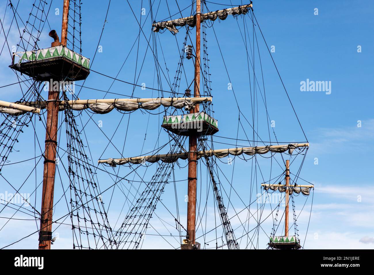 Sailing ship mast with rigging and cables against the sky Stock Photo ...