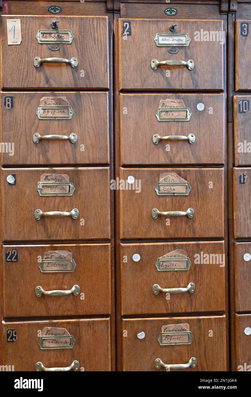 06 February 2023, Brandenburg, Potsdam: Historical file card cabinets ...