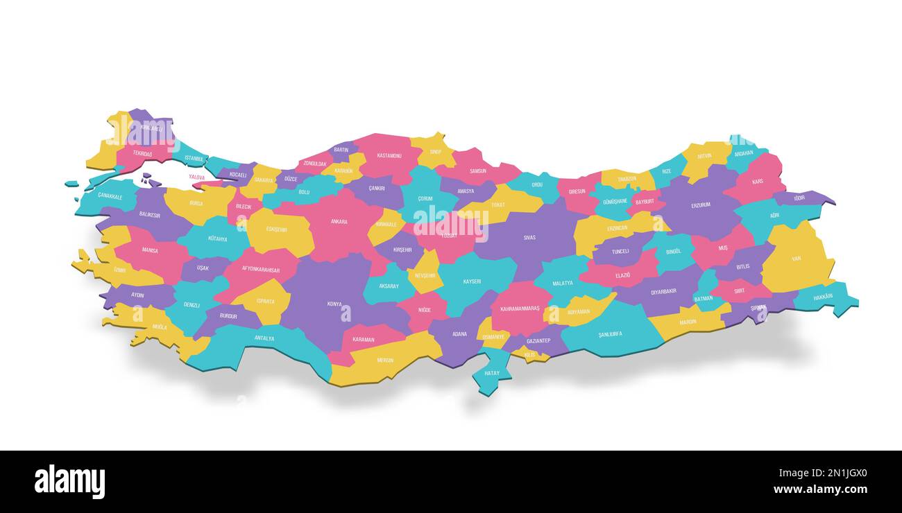 Turkey political map of administrative divisions - provinces. 3D colorful vector map with name ...