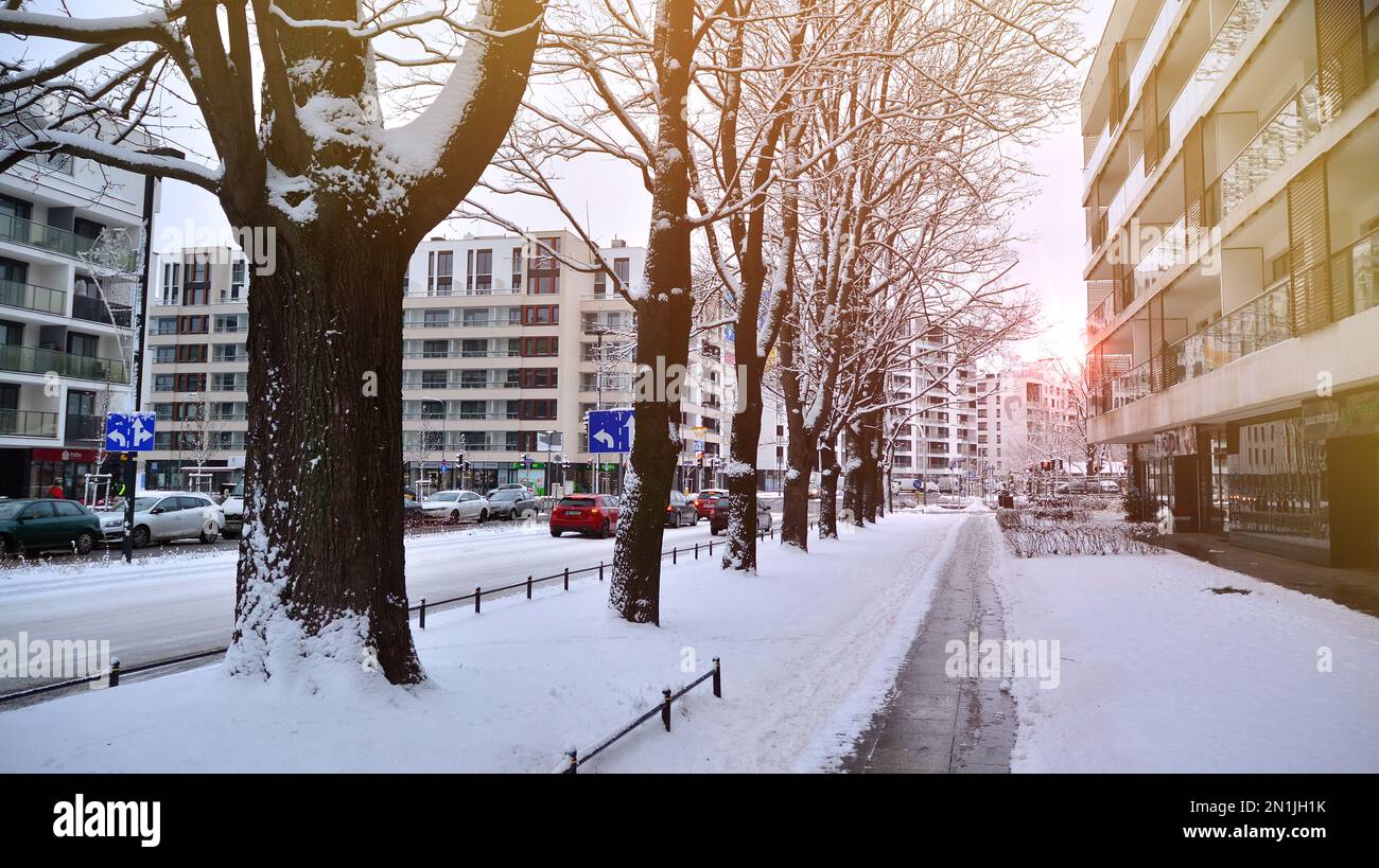 Fragment of modern apartment building on the background of winter ...