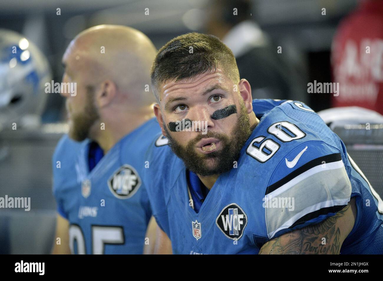 Detroit Lions center Braxston Cave (60) watches from the bench during ...