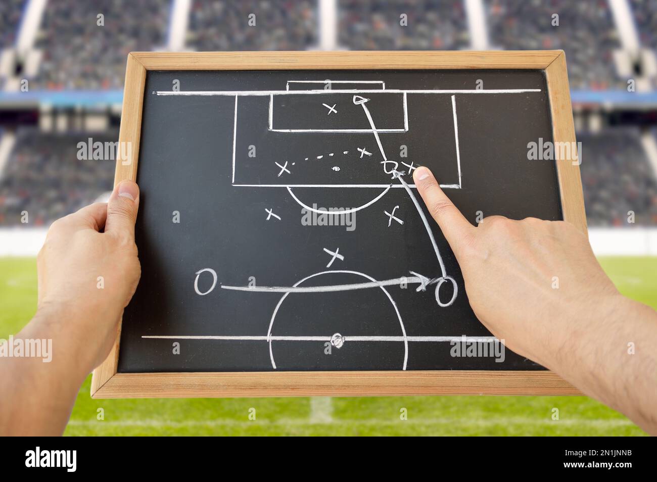 hand of a football coach drawing a tactics of soccer game with white ...
