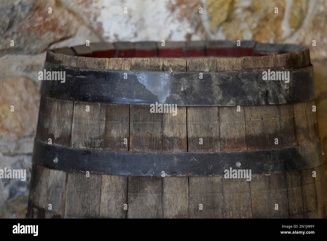 Antique oak wine barrel chime, rivet, head and quarter hoop view Stock ...