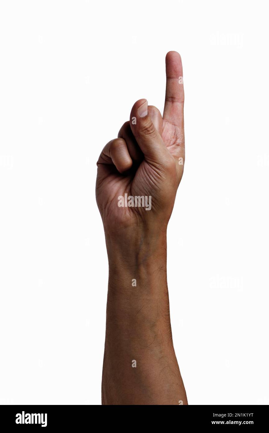 Close-up of man hand showing forefinger up with white background Stock ...