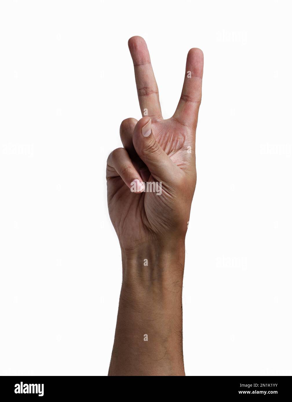 Close-up of man hand showing two fingers with white background Stock ...