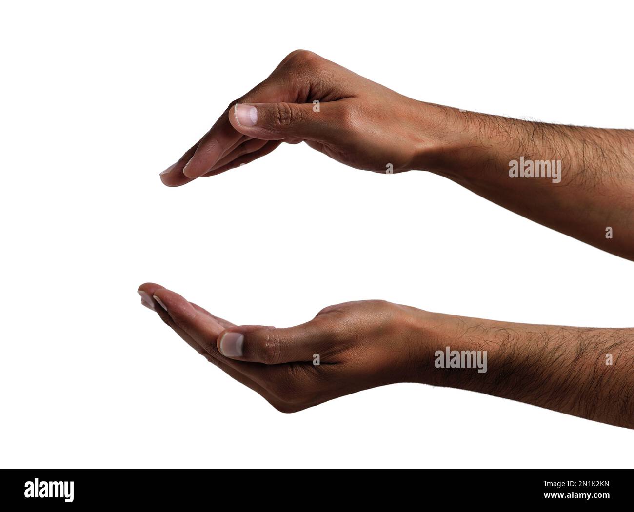 African man hands with a protection gesture isolated on a white ...