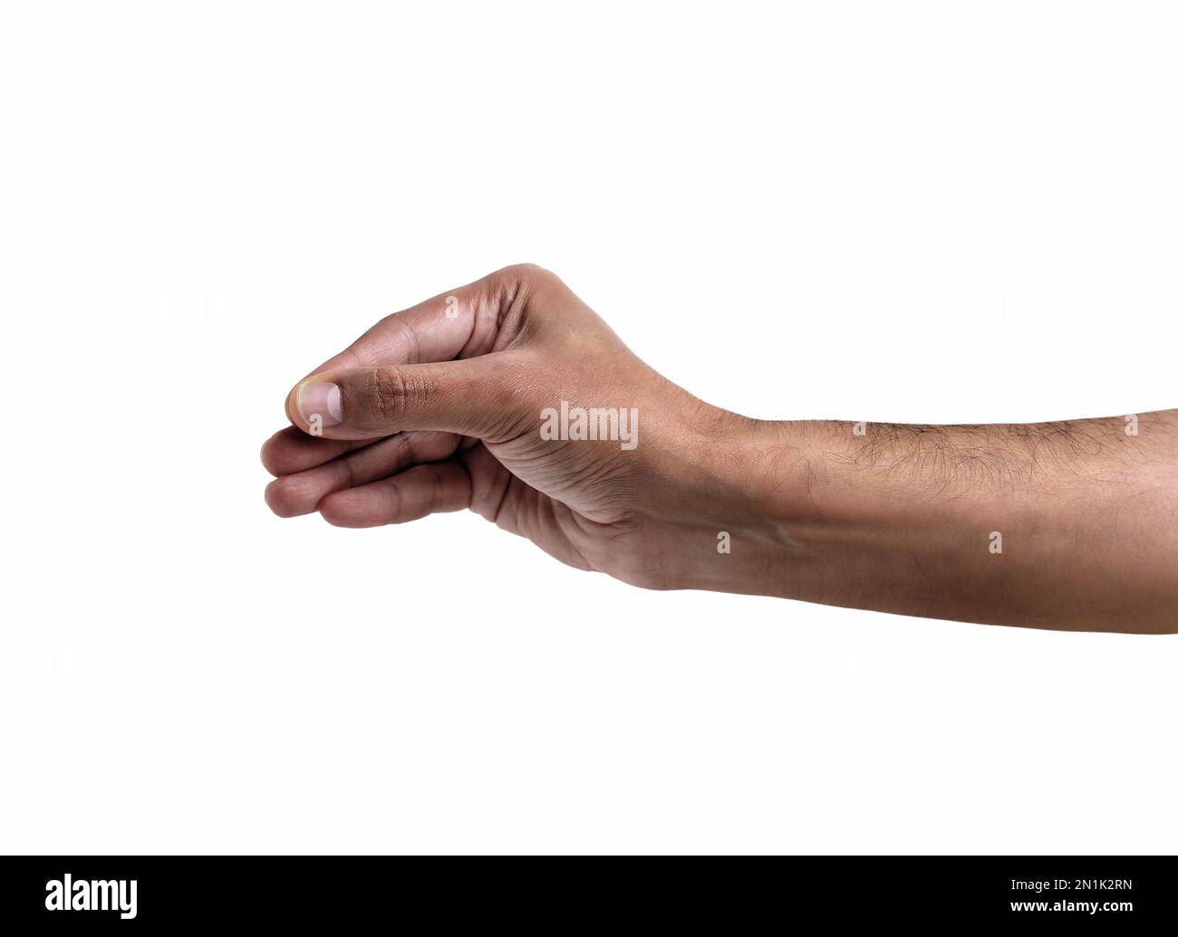 African man hand hanging something blank isolated on a white background ...