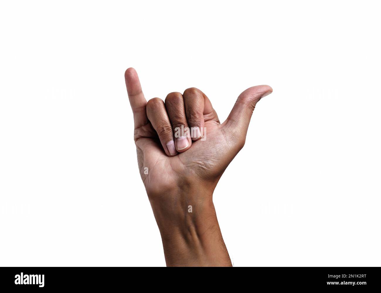 African man hand in shaka or calling gesture on a white isolated ...