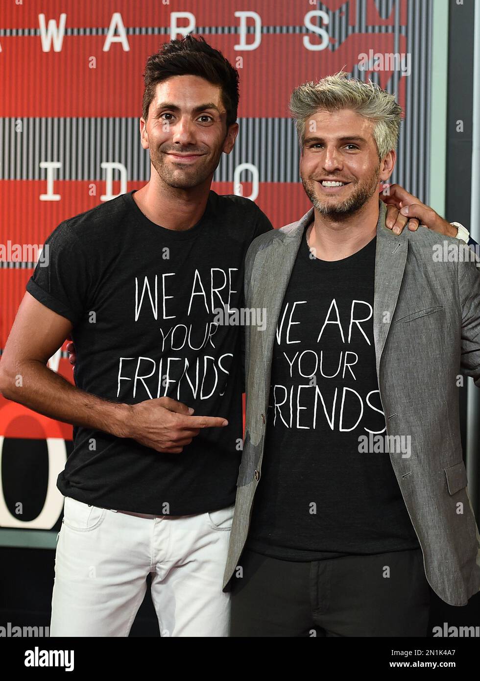 Nev Schulman, left, and Max Joseph arrive at the MTV Video Music Awards ...