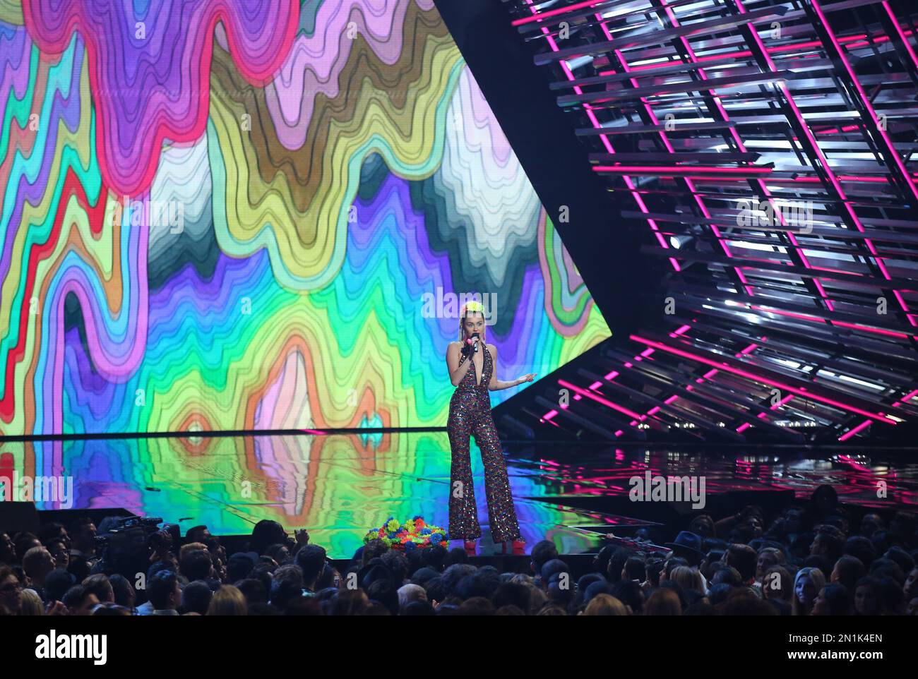 Miley Cyrus speaks at the MTV Video Music Awards at the Microsoft ...