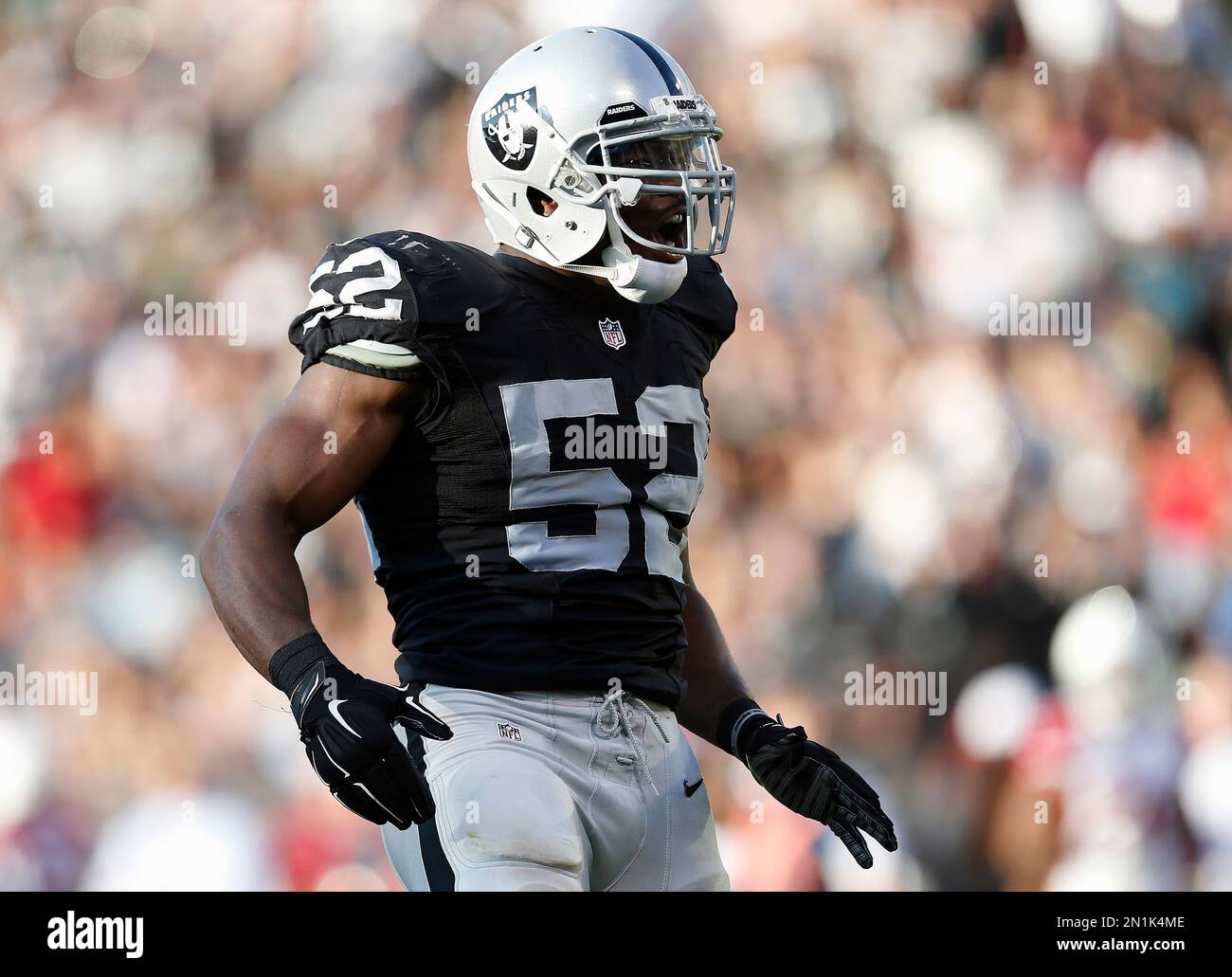 Oakland Raiders outside linebacker Khalil Mack (52) reacts after ...