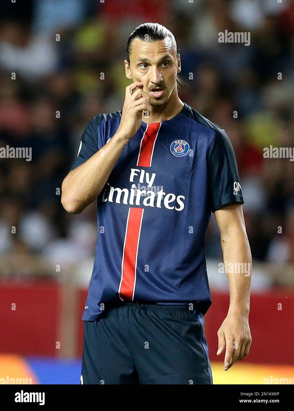 PSG player Zlatan Ibrahimovic gestures during the French League One ...