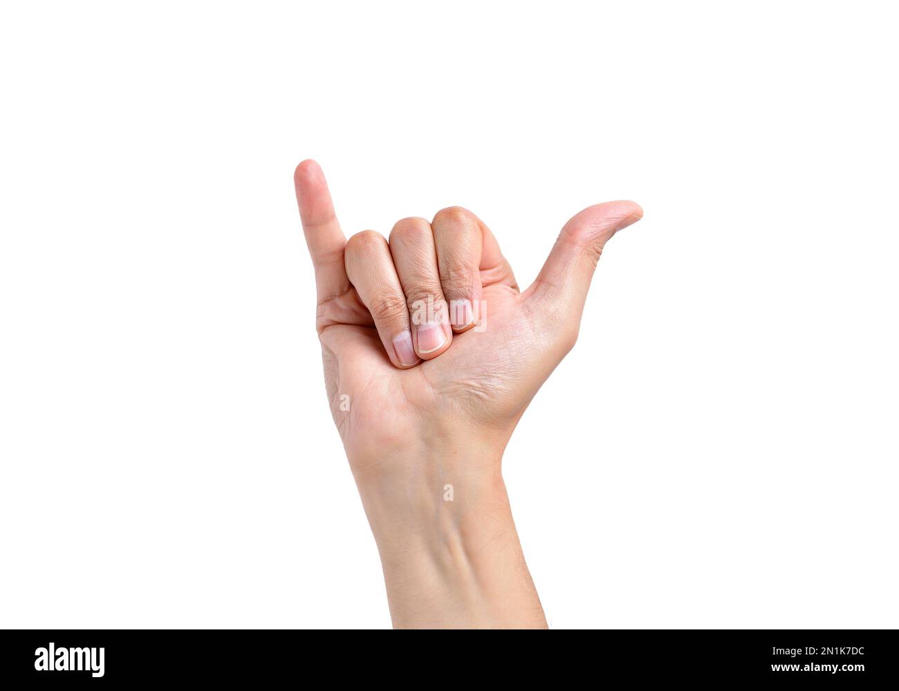 man hand in shaka or calling gesture on a white isolated background ...
