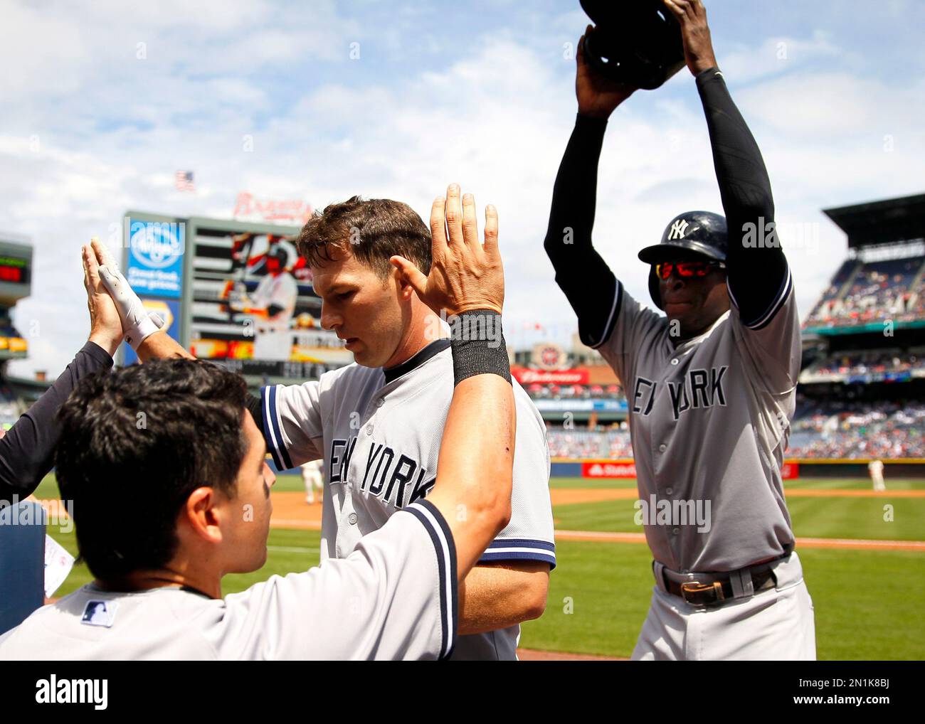 New York Yankees' Stephen Drew, center, celebrates a two-run home run ...