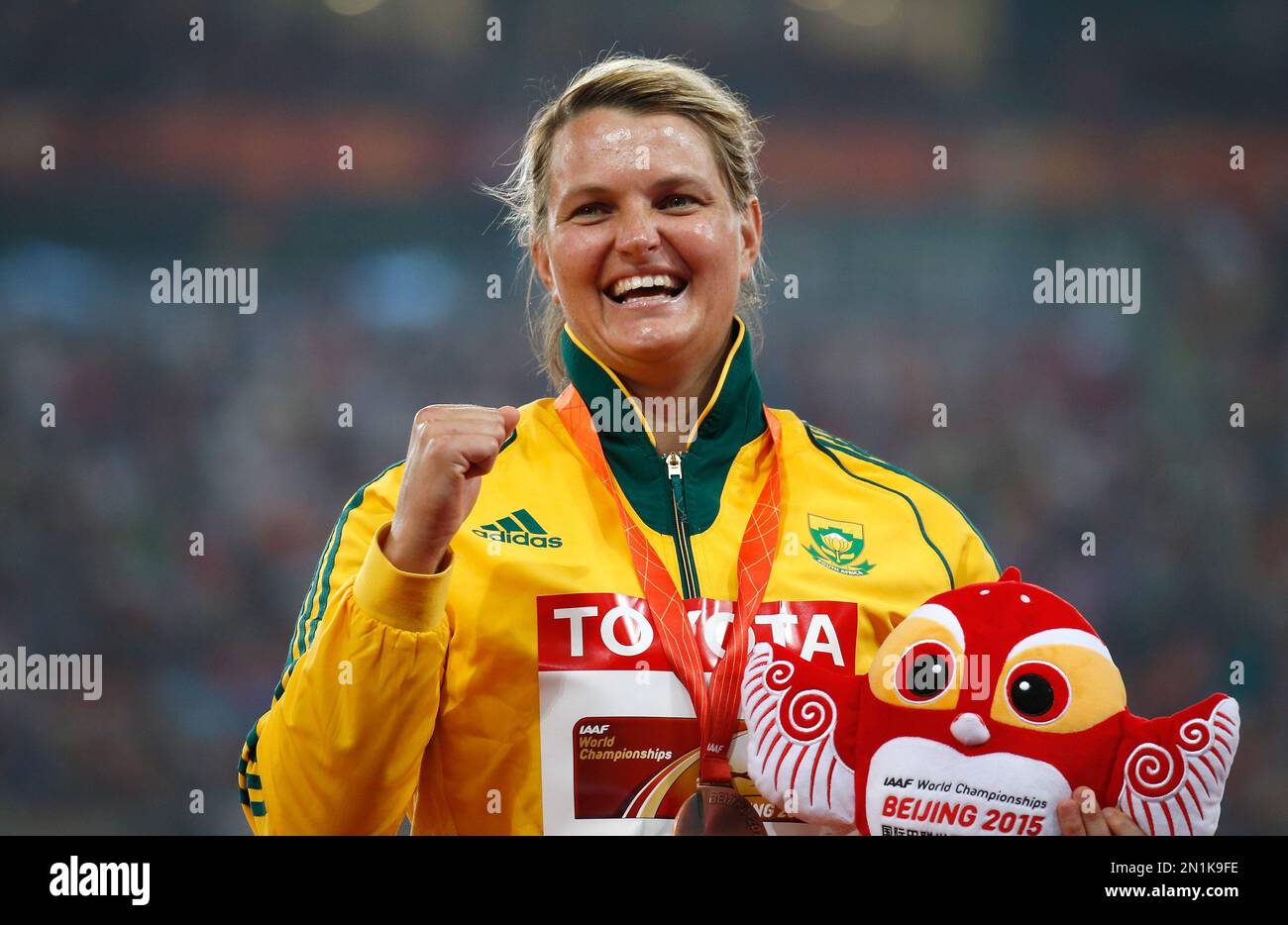 South Africa's Sunette Viljoen smiles on the podium after winning a ...
