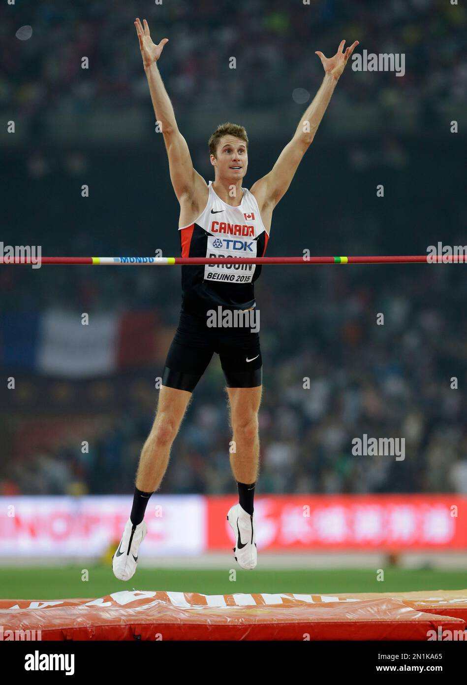 Canada's Derek Drouin reacts after a successful jump in the men's high ...