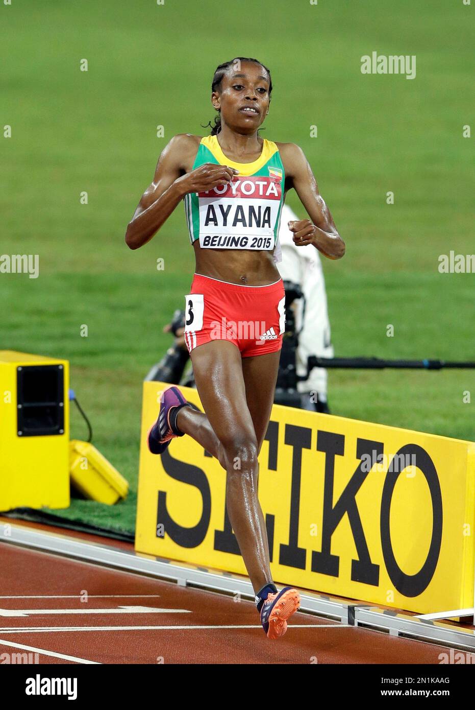 Ethiopia's Almaz Ayana crosses the line to win the gold in the women's ...