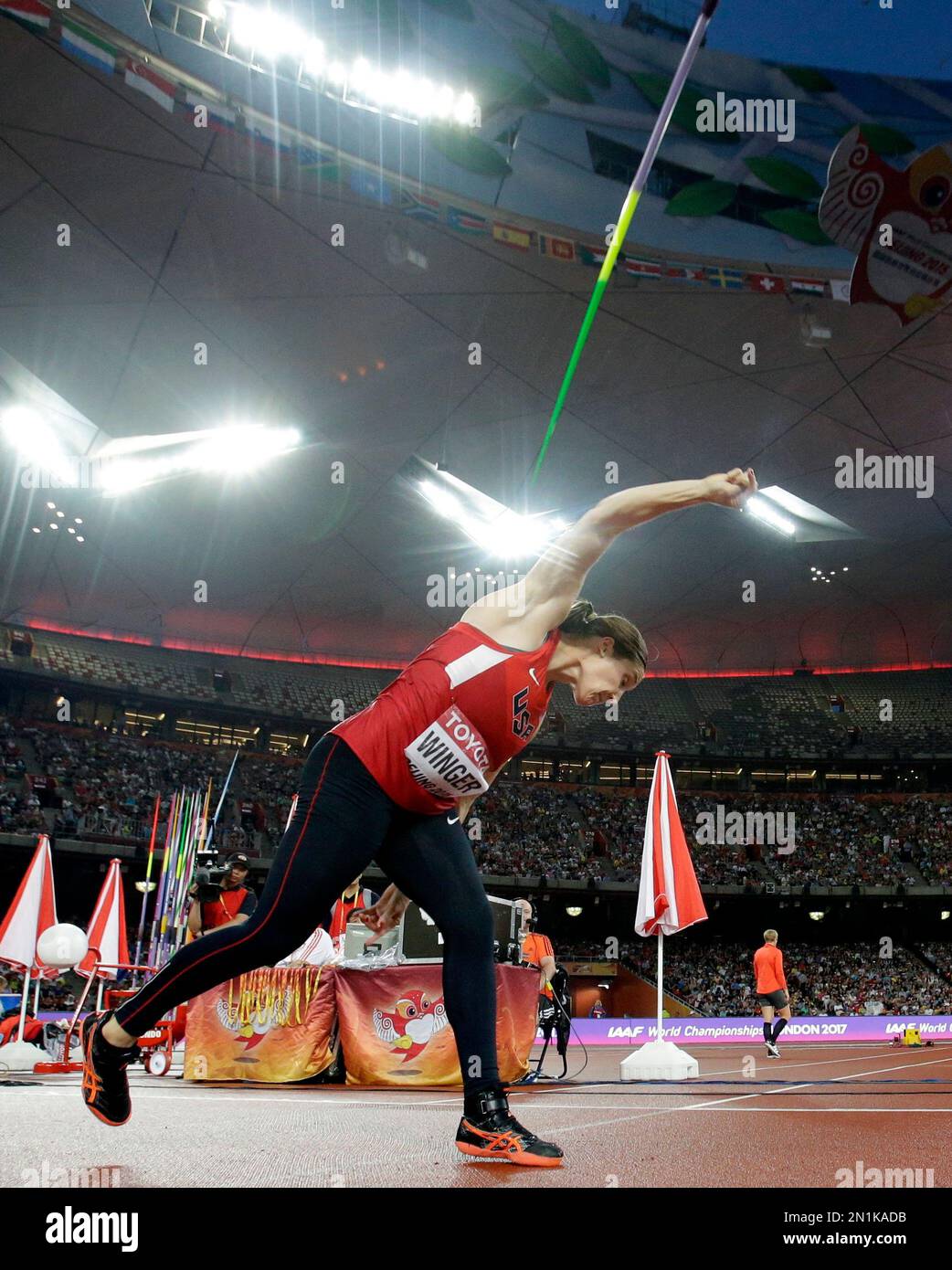 United States' Kara Winger competes in the women's javelin final at the ...