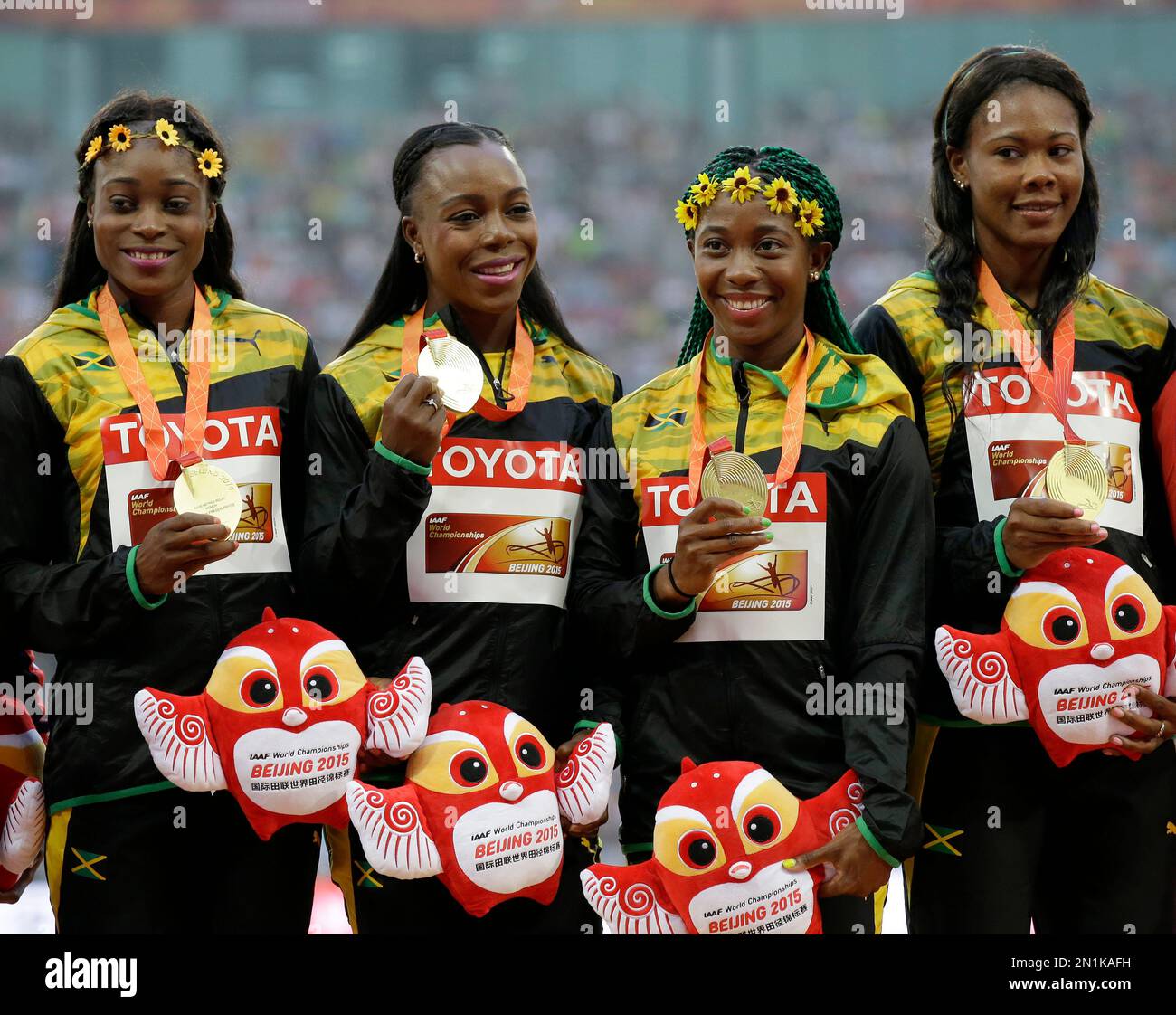 Jamaica's women's 4x100m relay gold medalists from left, Elain Thompson ...