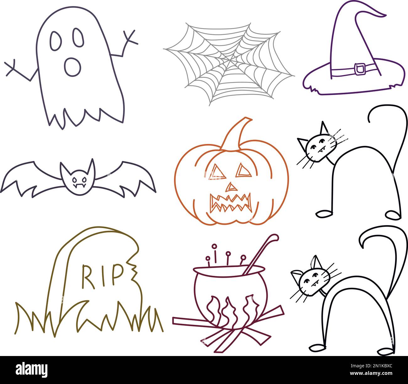 Hatching set of nine Halloween icons with ghost, bat, pumpkin, black ...