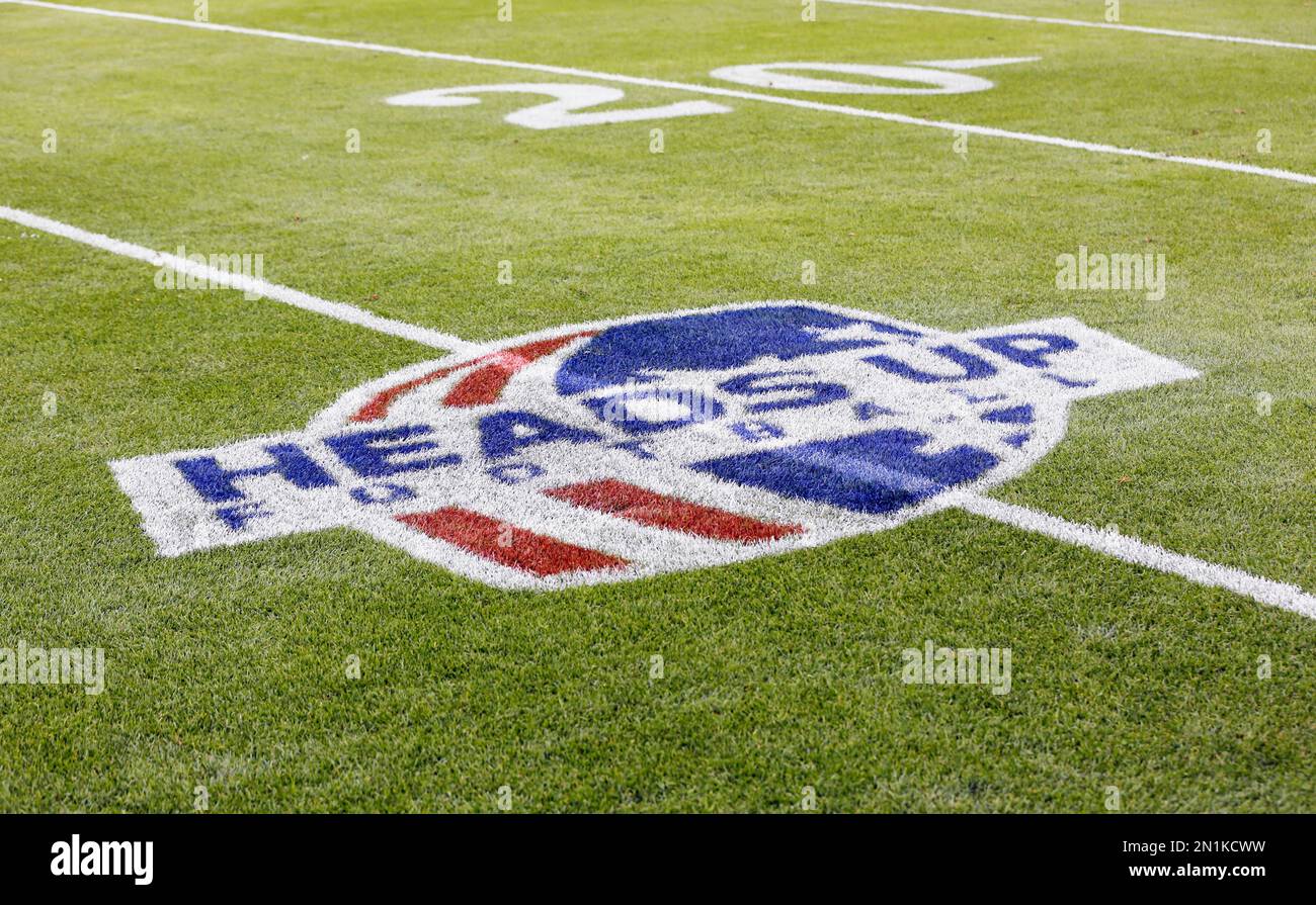 A Heads Up Football logo on the field during the first half of an NFL ...