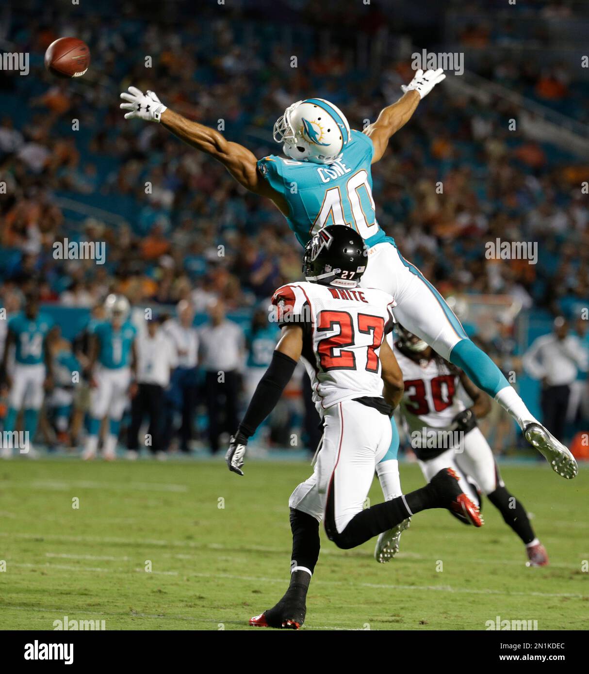 Miami Dolphins wide receiver Kevin Cone (40) can't catch a pass as ...