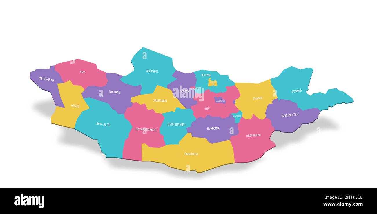 Mongolia political map of administrative divisions - provinces and khot Ulaanbaatar. 3D colorful ...