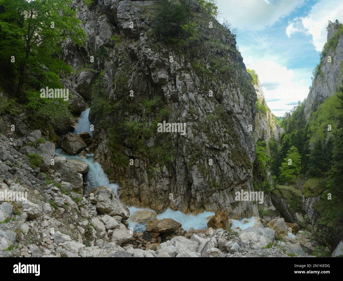 Panorama of Cheia river flowing through its narrow gorges, formed by ...
