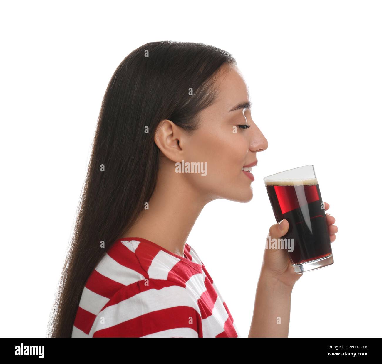 Beautiful woman with cold kvass on white background. Traditional ...