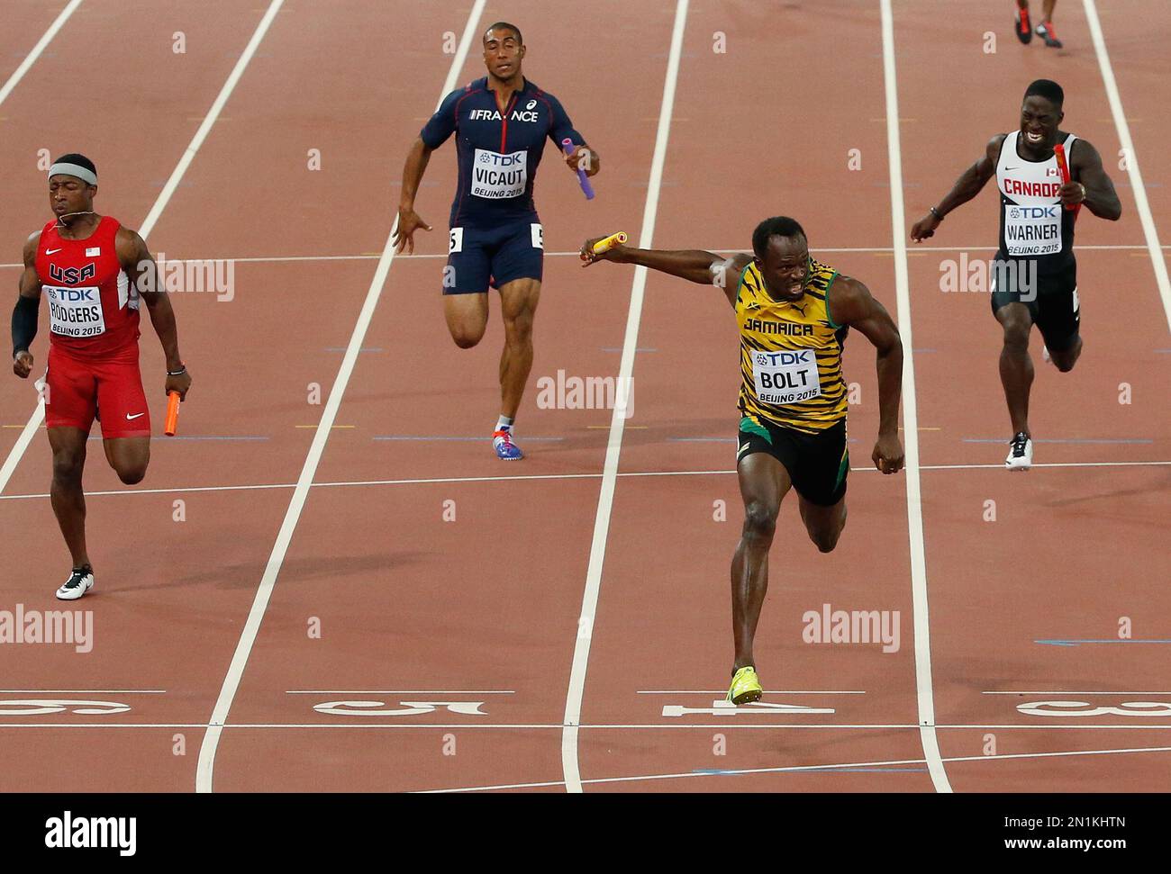Jamaica's Usain Bolt crosses the finish line to win the men’s 4x100m ...