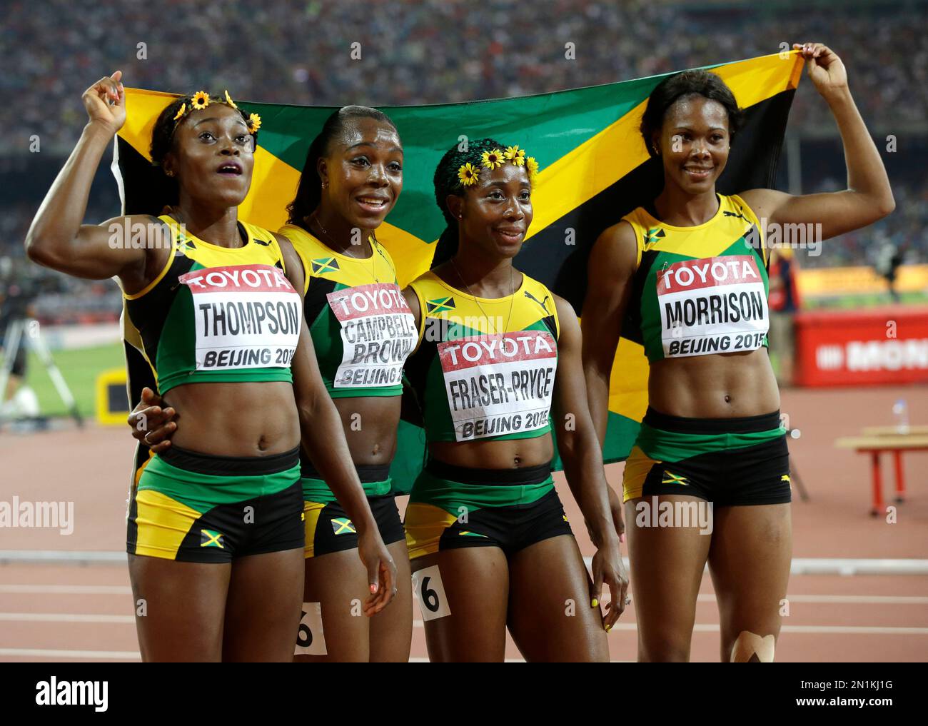 Jamaican women's 4x100m relay gold winners from left: Elain Thompson ...