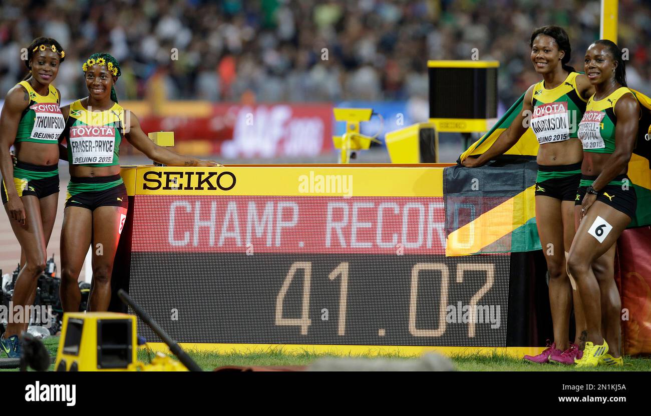 Jamaican women's 4x100m relay gold winners from left: Elain Thompson ...