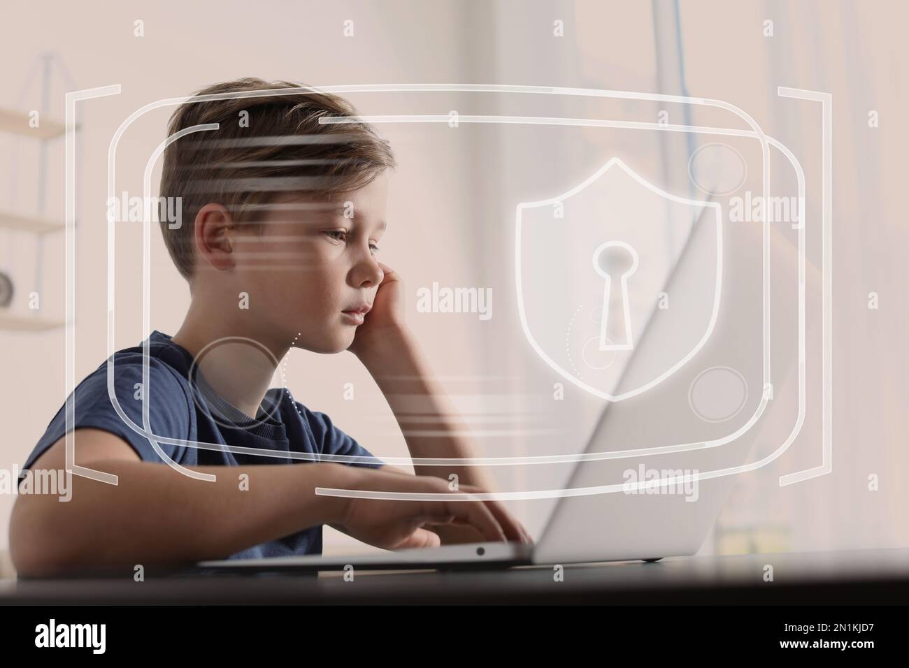 Child safety online. Little boy using laptop at home. Illustration of ...