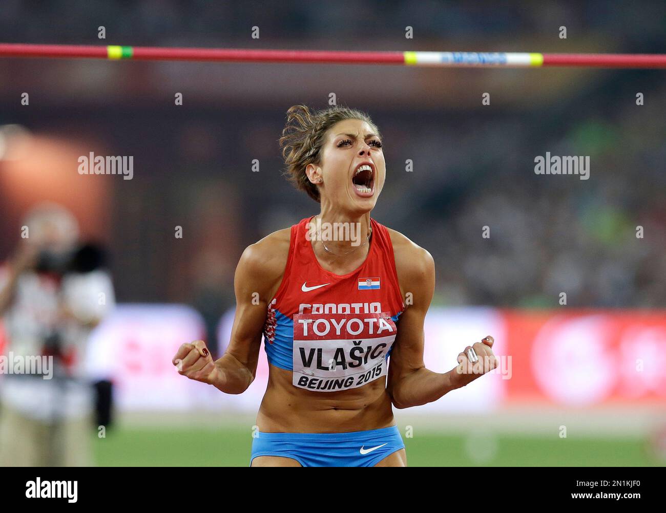 Croatia's Blanka Vlasic reacts after a jump in the women's high jump ...