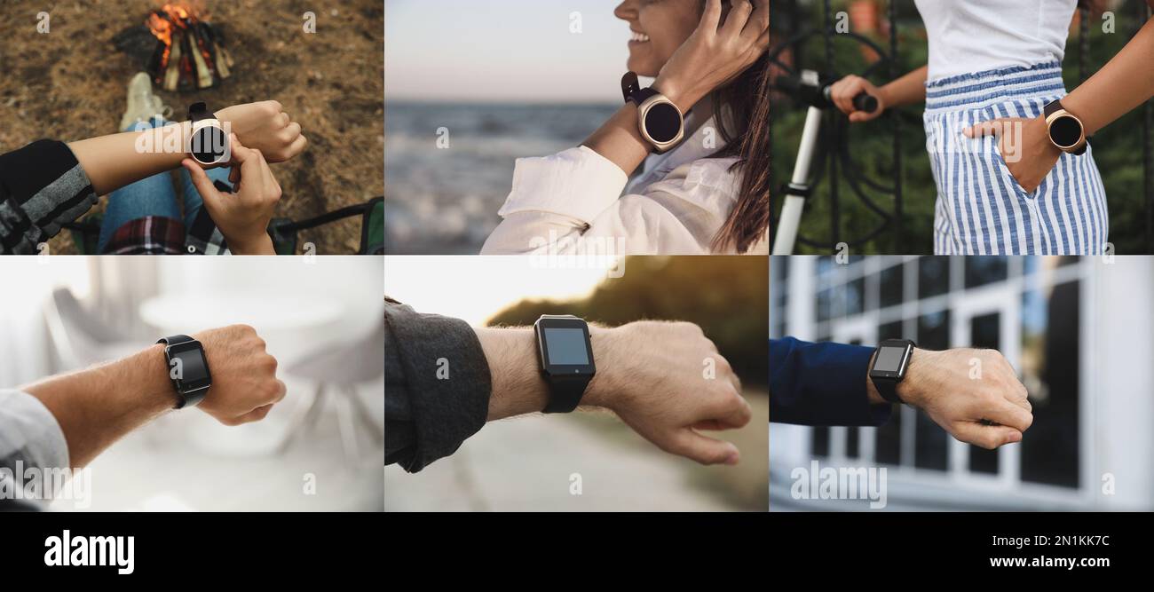 Photos of people using different smart watches, closeup. Collage design ...
