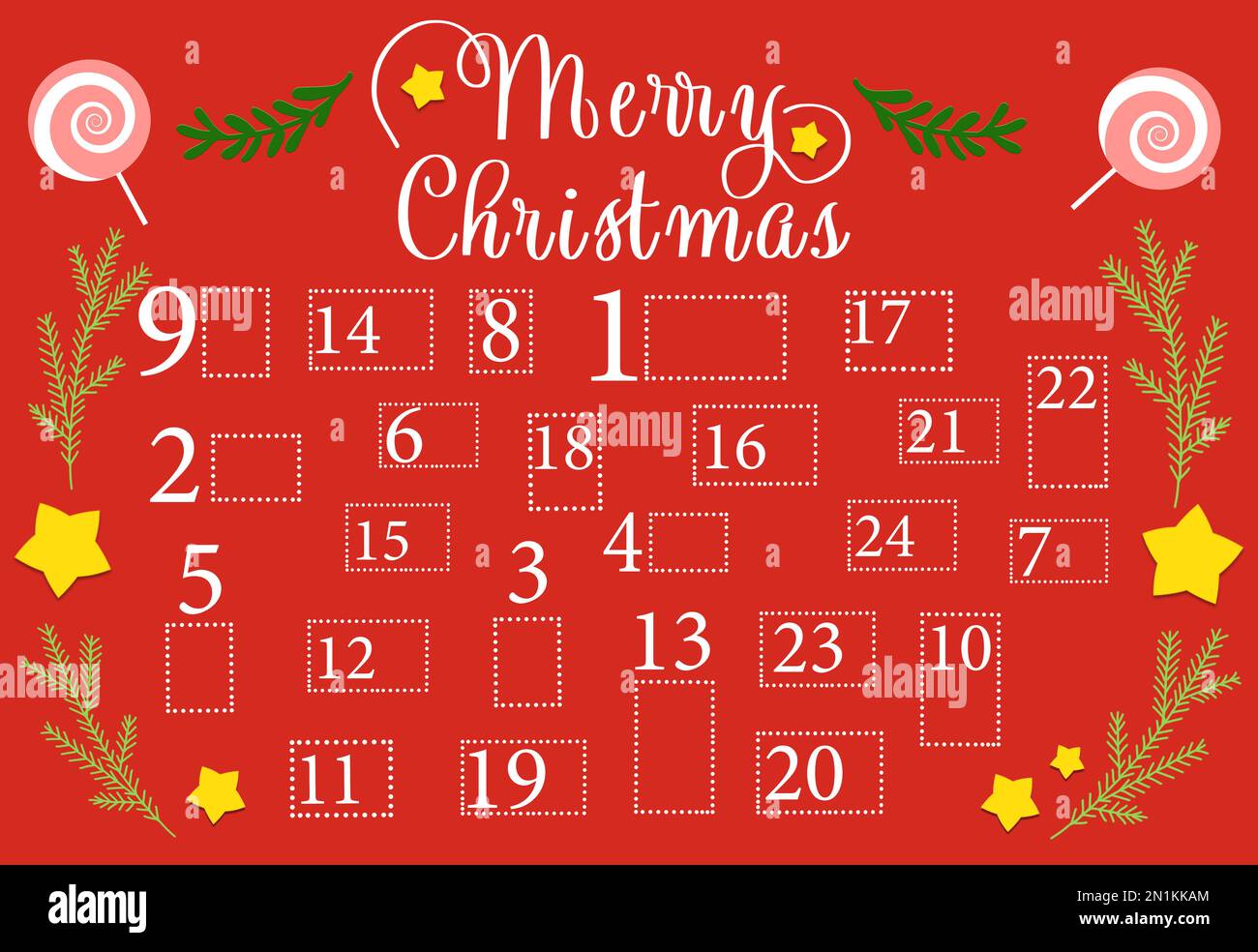 Bright Christmas advent calendar on red background, illustration Stock ...