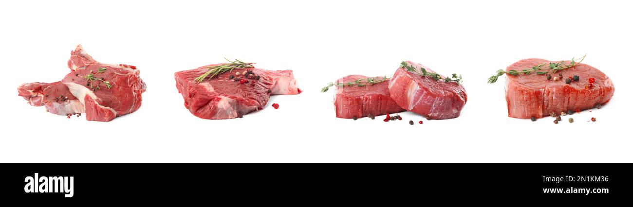 Set with raw meat on white background. Banner design Stock Photo - Alamy