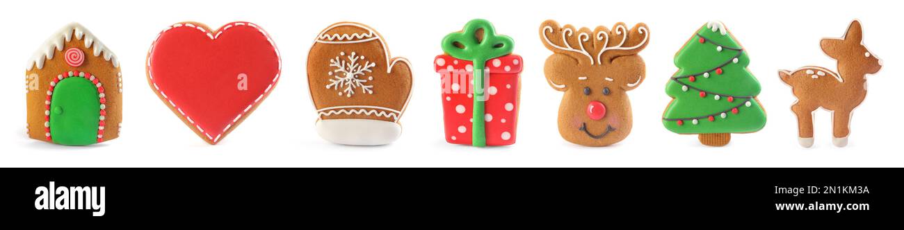 Set of different Christmas cookies on white background. Banner design ...