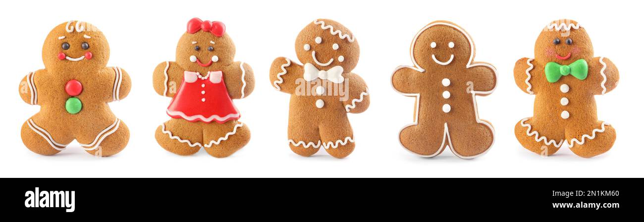 Set of Christmas gingerbread man shaped cookies on white background ...