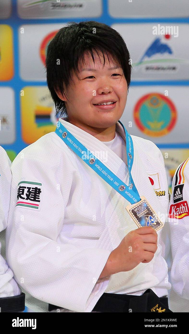 Japan's Mami Umeki poses during an award ceremony of the women's 78 kg ...