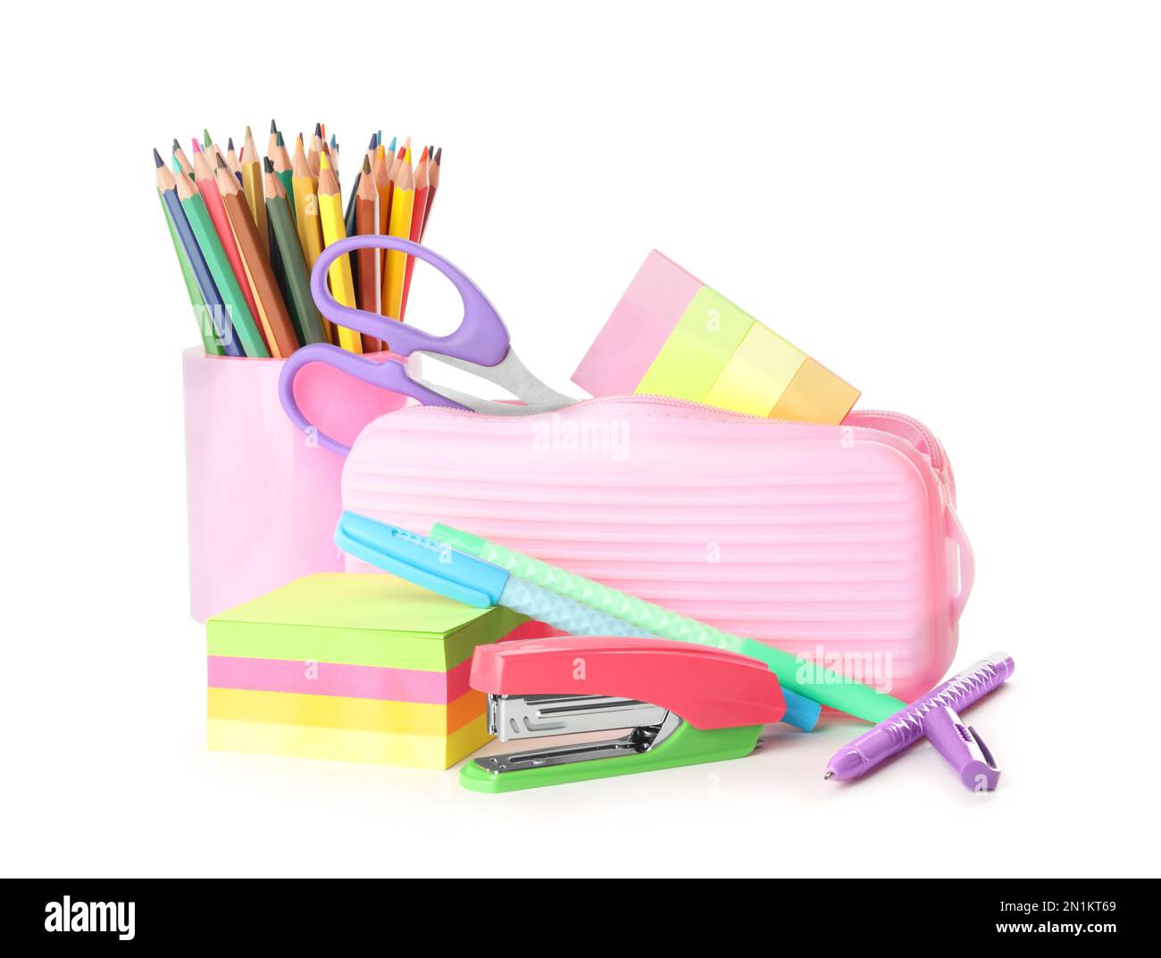 Set of different school stationery on white background Stock Photo - Alamy