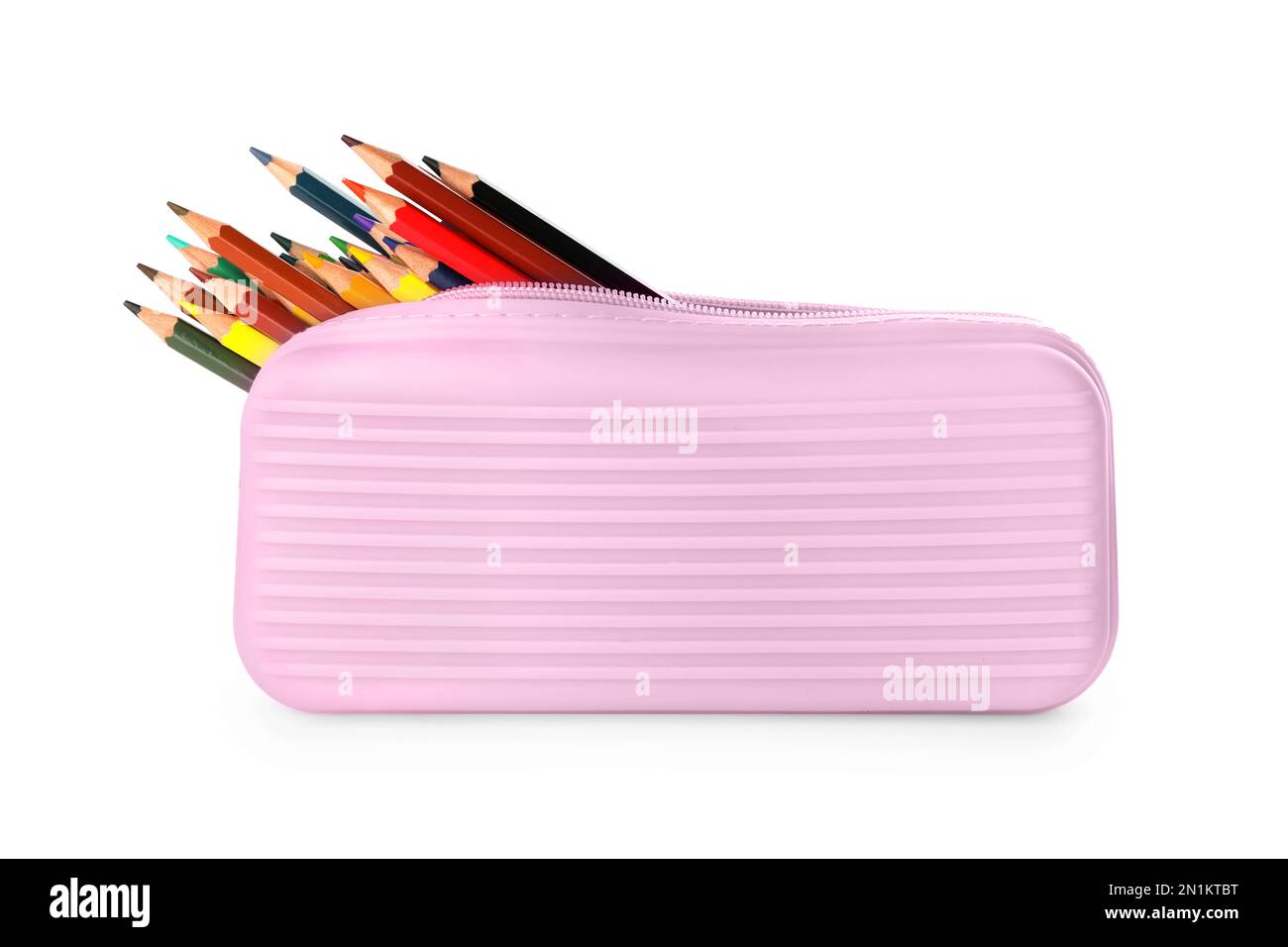 Different color pencils in pink case on white background. School ...