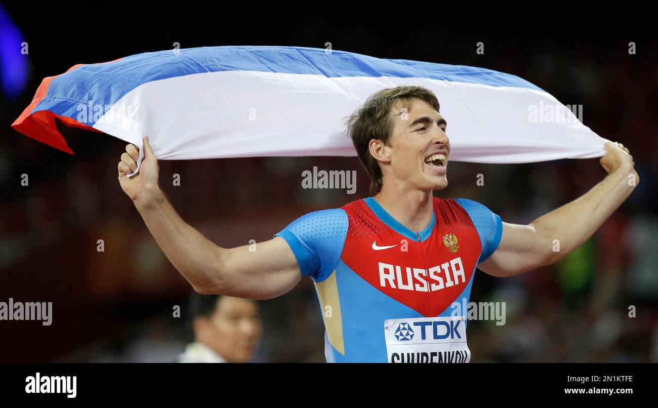 Russia's Sergey Shubenkov celebrates winning the men’s 110m hurdles ...