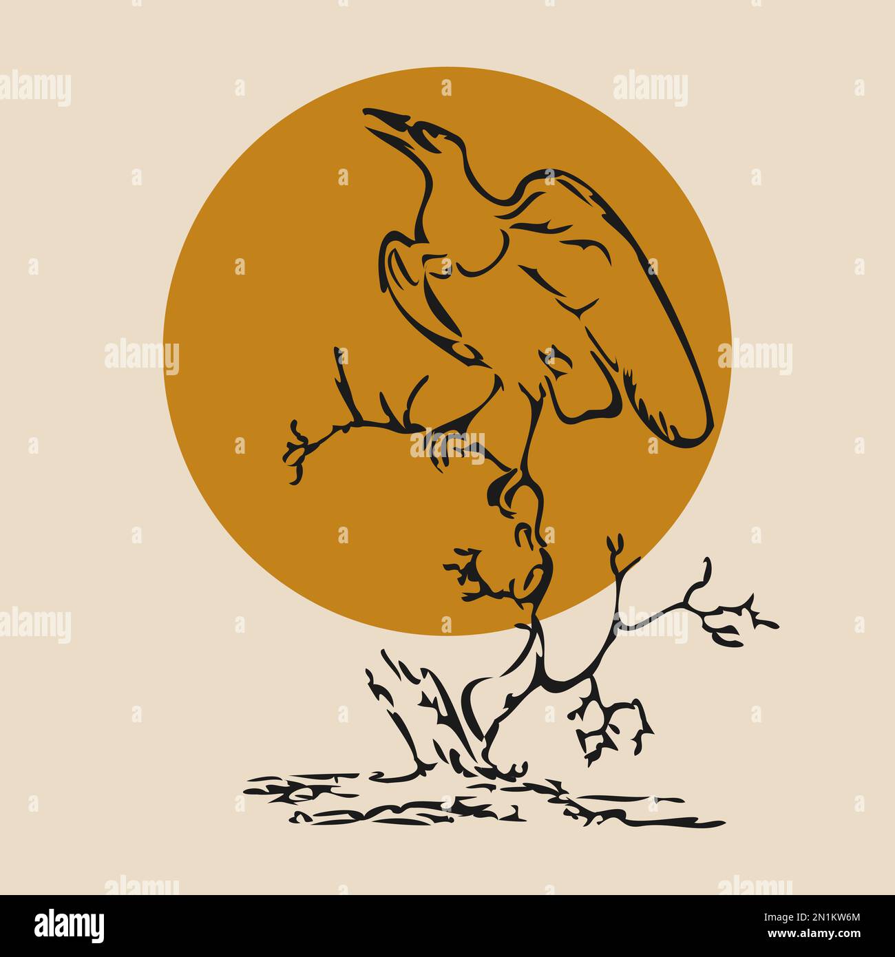 Linear illustration of the raven sitting on the tree. Happy Halloween ...