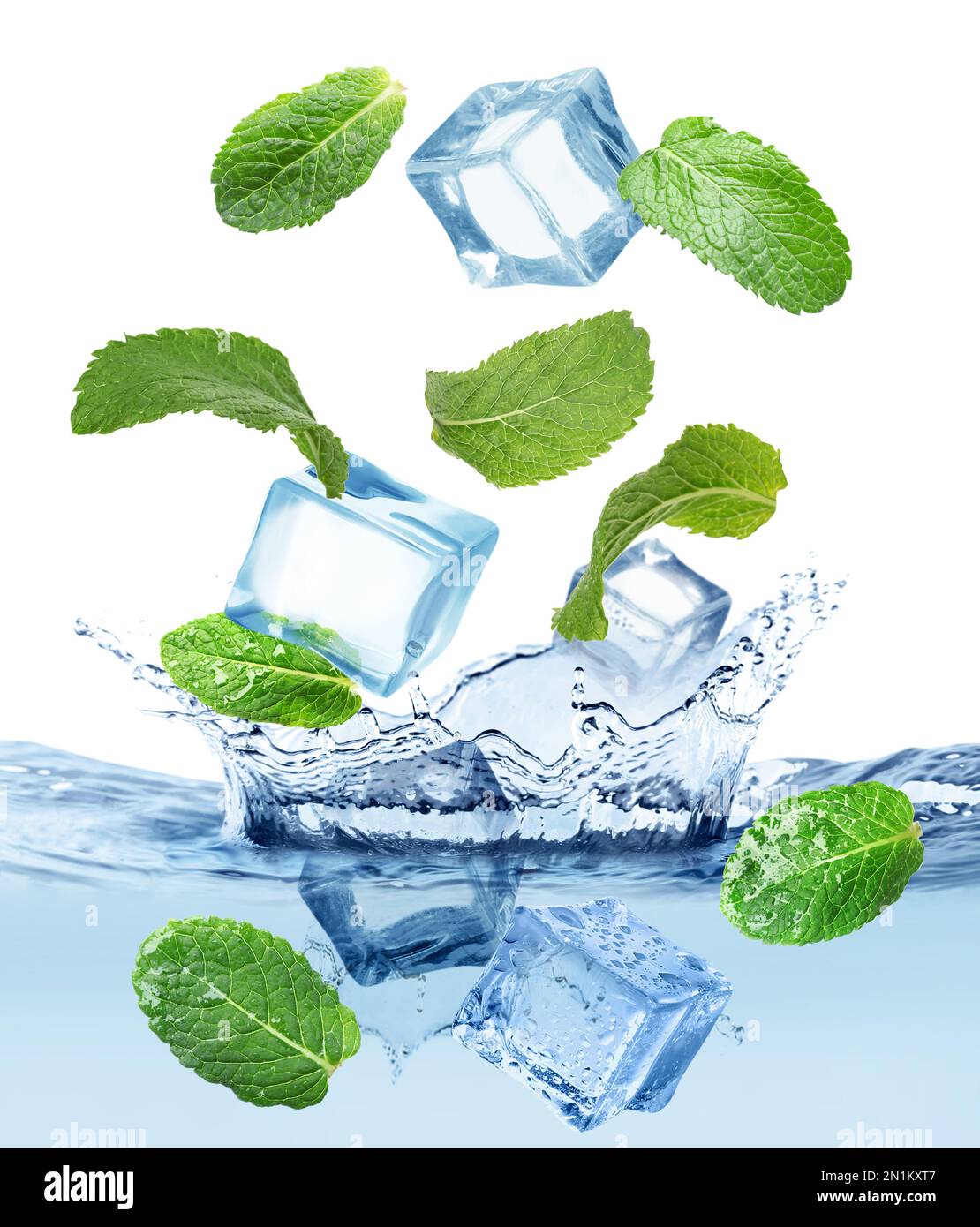 Ice cubes and green mint leaves falling into water on white background ...