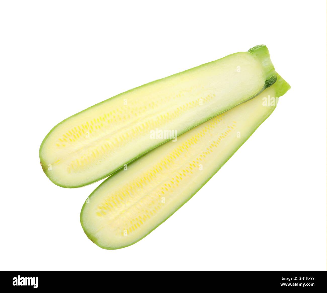 Halves of ripe zucchini on white background, top view Stock Photo - Alamy