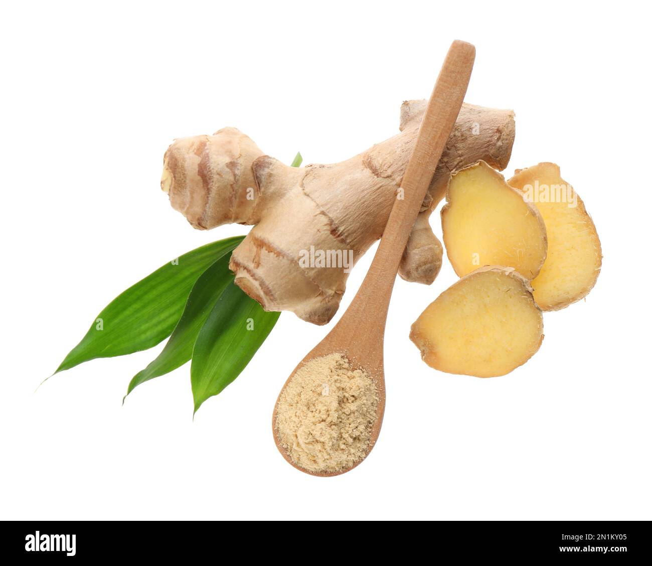 Dry ginger powder, fresh root and leaves isolated on white, top view ...