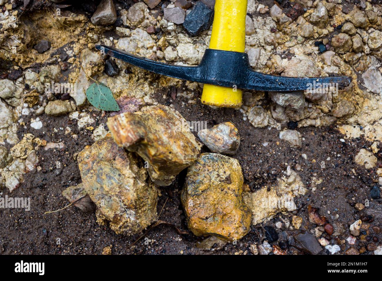 Pickaxe and rough stones collected for the collection, rockhounding ...