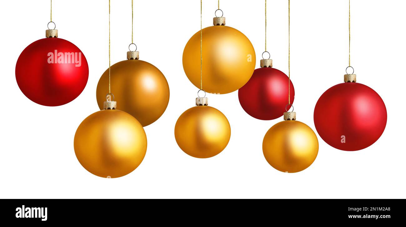 Set of bright Christmas balls on white background. Banner design Stock ...